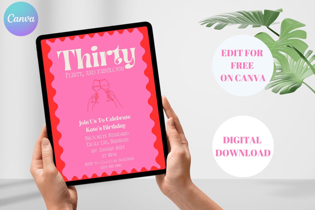 30th Birthday Pink Red Thirty Invitation Template Canva Digital ...