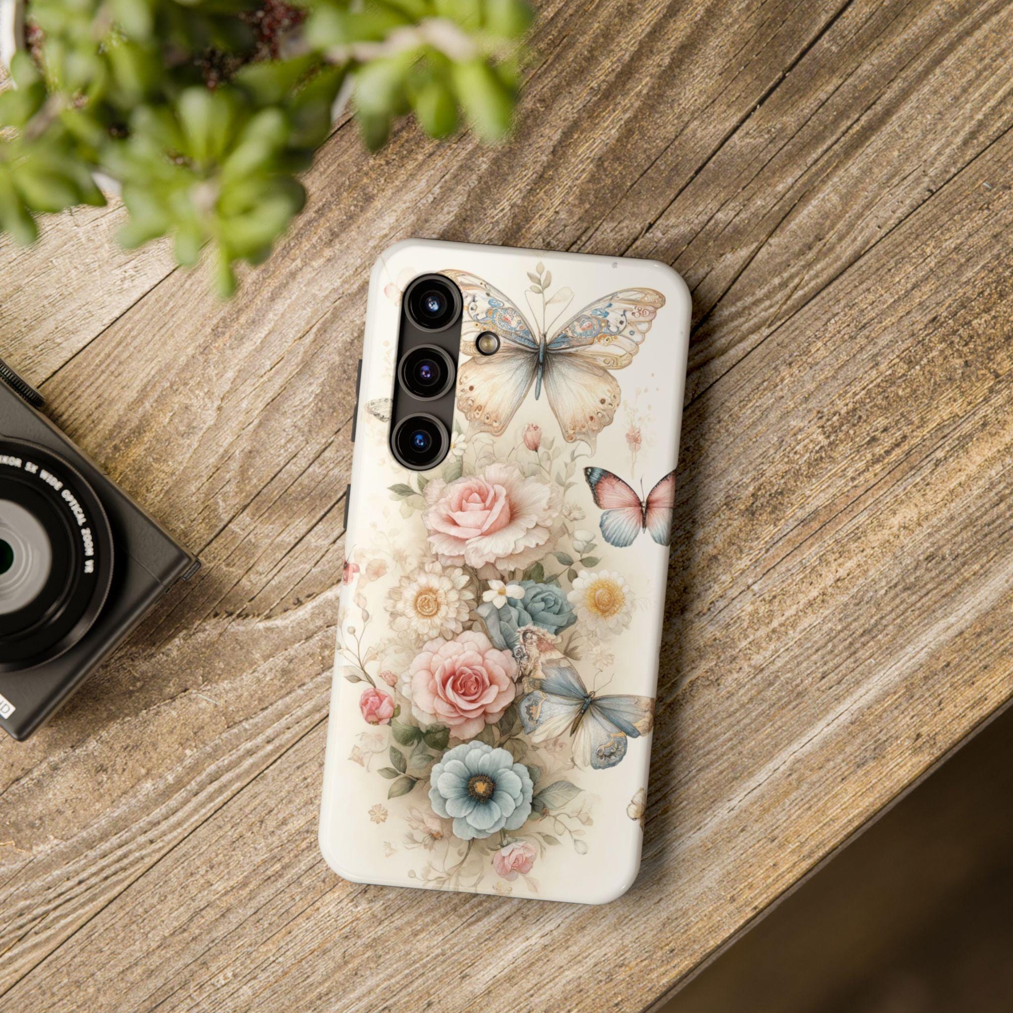 Butterfly Gift Idea Phone Case With Roses and Blue Flowers iPhone Case ...