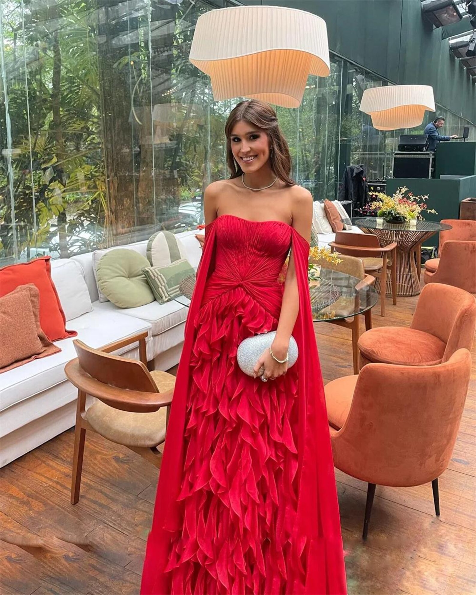 Red off Shoulder Tiered Ruffles Prom Dress/ Detachable Shawl Customize ...