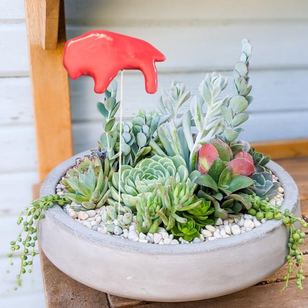 Red Buffalo Plant Stake: Handmade Glazed Ceramic Garden Decor - Etsy
