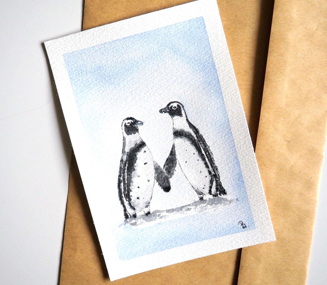 Watercolor Valentines Day Penguin Card Hand Painted Custom Greeting ...