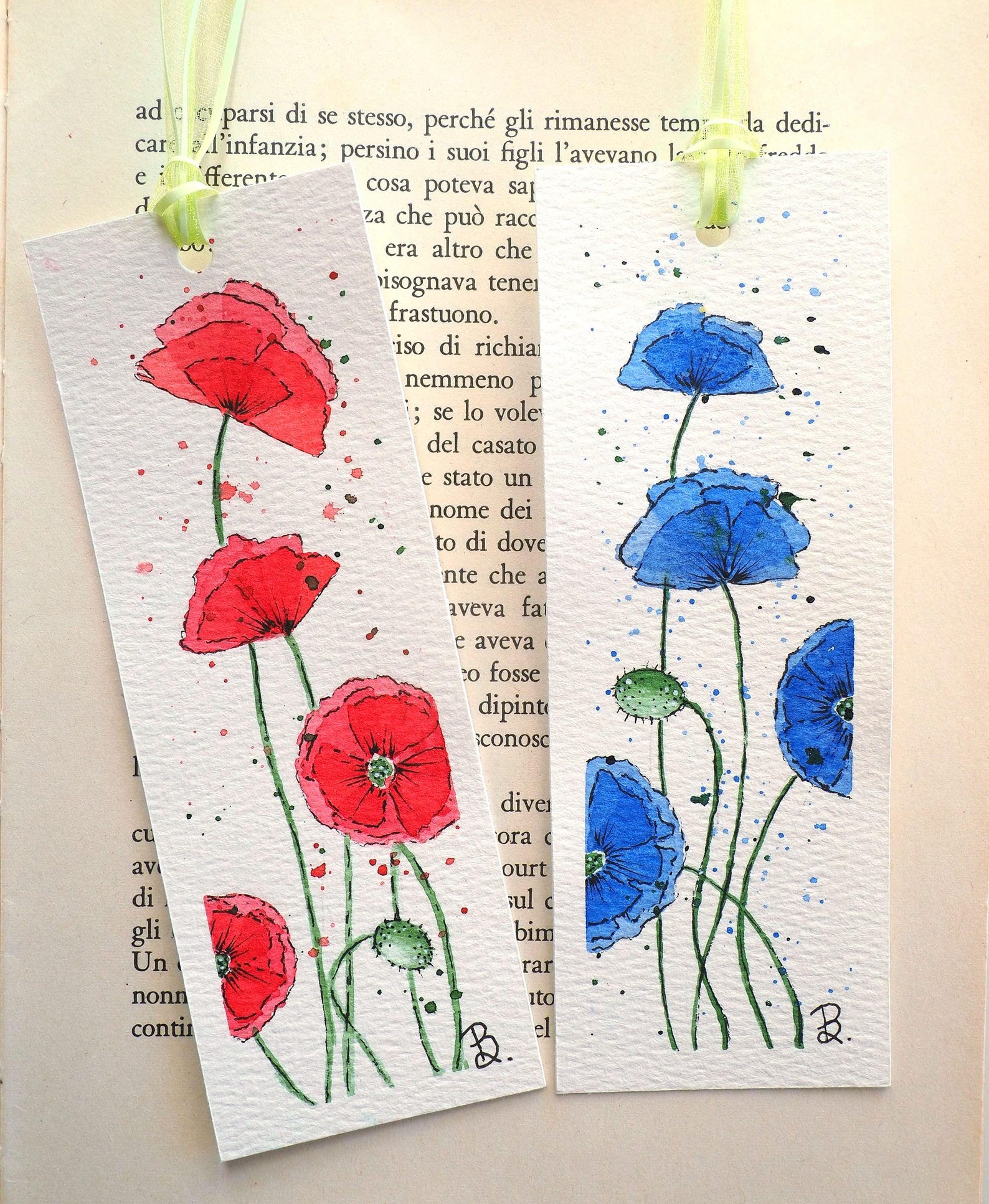 Two Hand Painted Poppy Art Bookmark Watercolor Cute Red Poppies Flowers ...