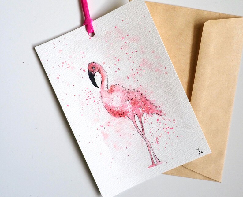 Original Handmade Flamingo Greeting Card Hand-painted Pink Flamingo Art ...