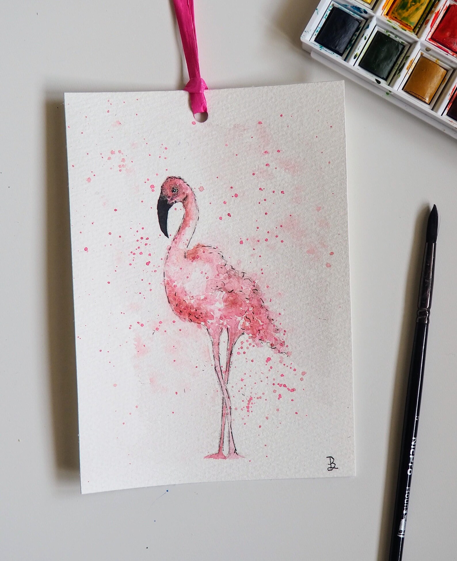Original Handmade Flamingo Greeting Card Hand-painted Pink Flamingo Art ...