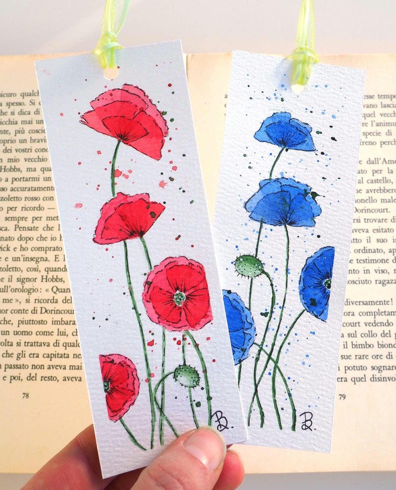 Two Hand Painted Poppy Art Bookmark Watercolor Cute Red Poppies Flowers ...