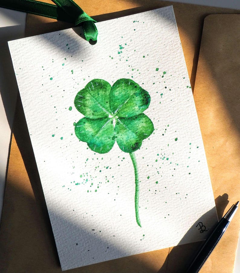 Four Leaf Clover St Patricks Day Greeting Card Handpainted Watercolor ...