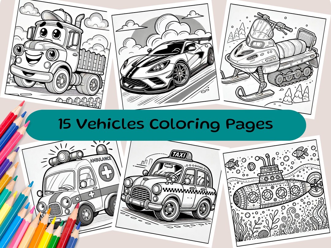 Vehicles COLORING PAGES - 15 Pages (vehicles Digital Paper, Coloring ...