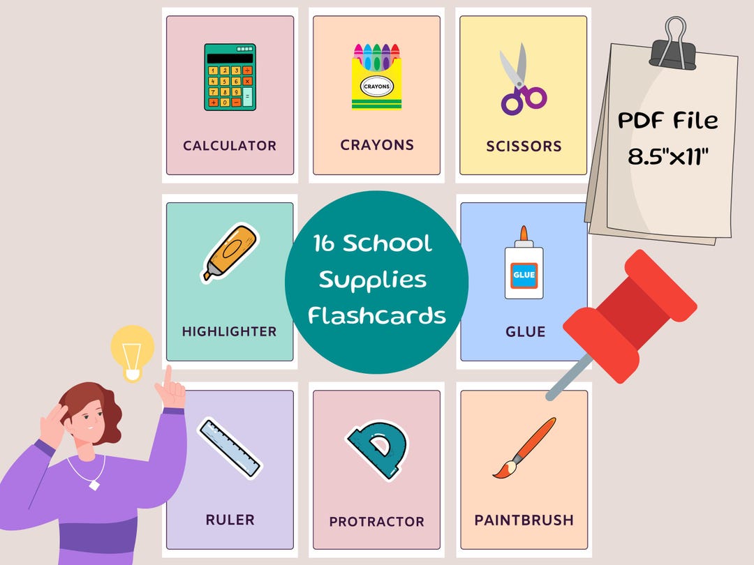 16 School Supplies Flashcards (school Supplies Digital Paper ...