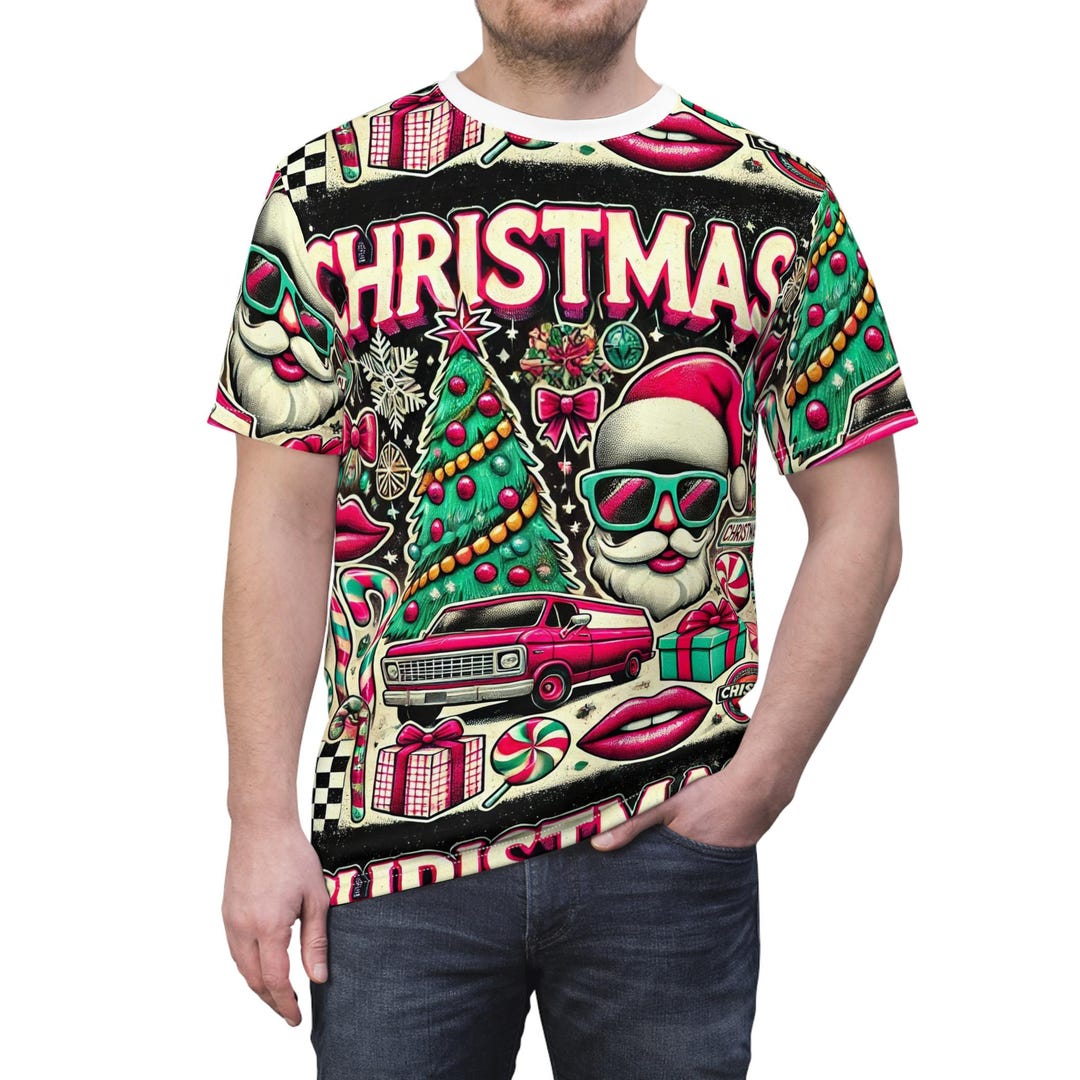 Retro 80's All Over Print Christmas Tee Unisex Cut & Sew Festive ...