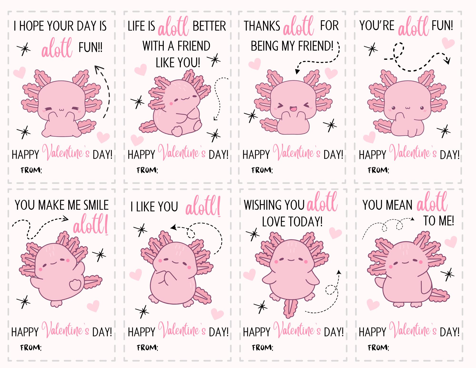 Axolotl Valentine Cards | Printable Class Valentines for Kids - Etsy