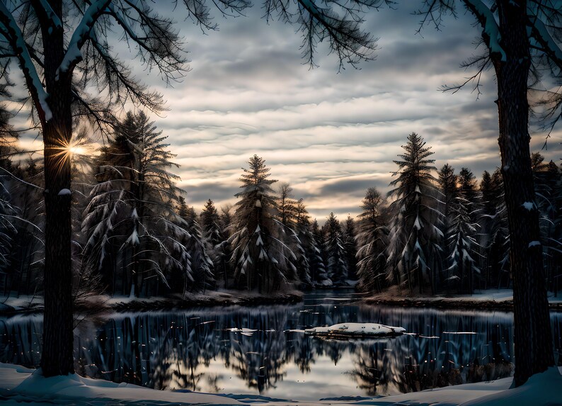 A Serene Winter Scene Depicting Snow-covered Trees and a Frozen Lake ...