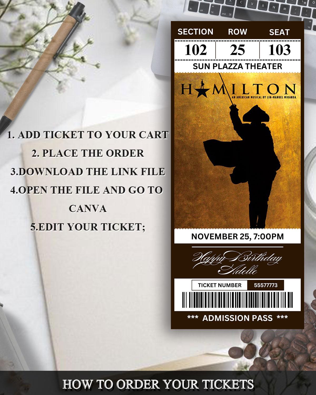 Printable Hamilton Broadway Surprise Ticket, Hamilton the Musical ...