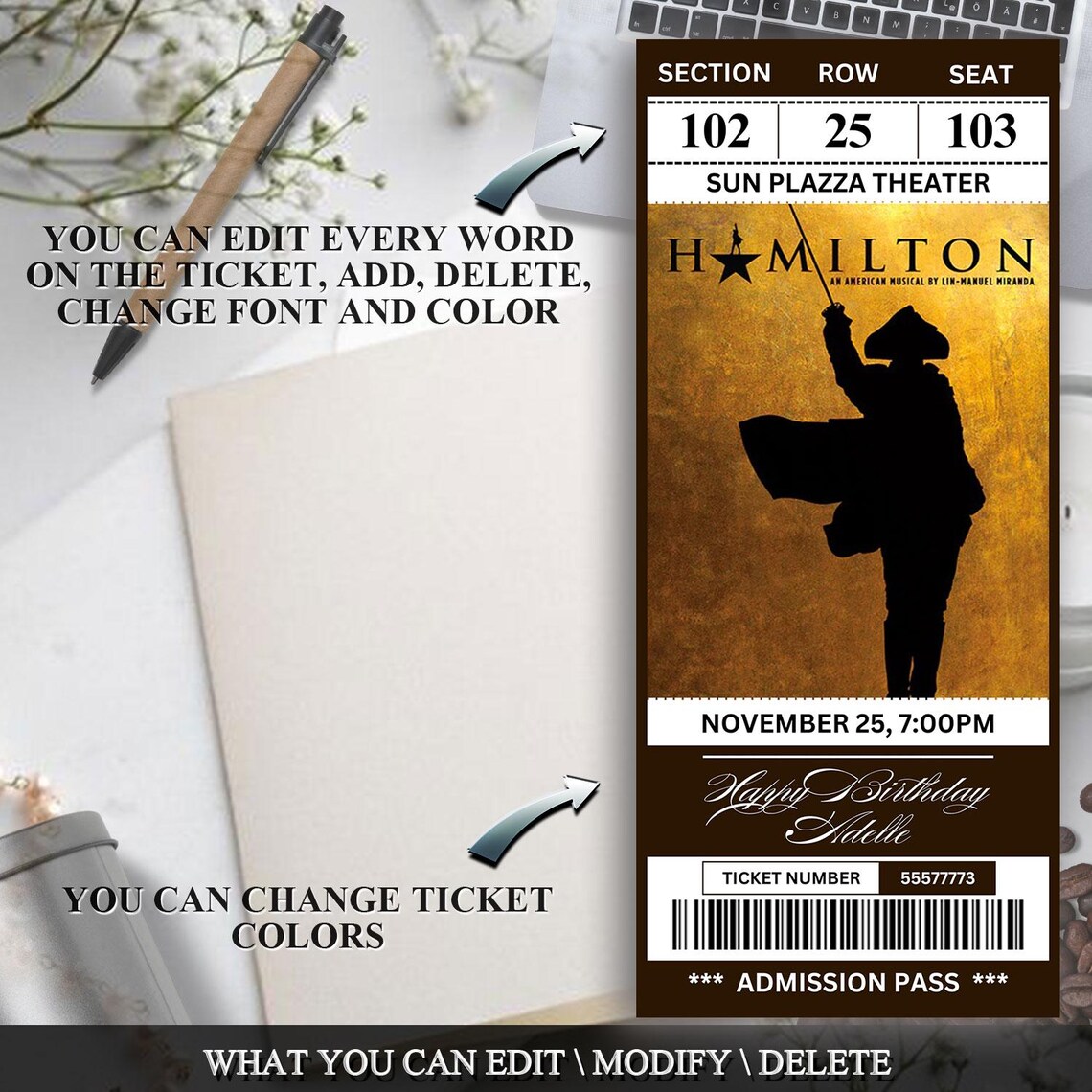 Printable Hamilton Broadway Surprise Ticket, Hamilton the Musical Collectible Theater Ticket ...