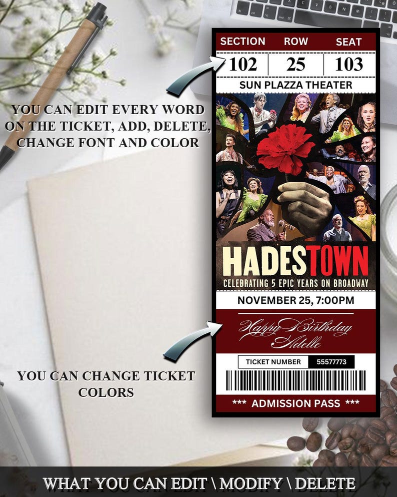 Printable HADESTOWN Broadway Surprise Ticket. Editable Musical Theatre ...