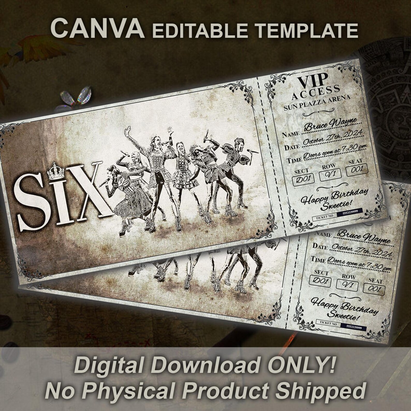 Vintage Printable SIX Ticket, Editable Six Tickets, Musical Fake ...