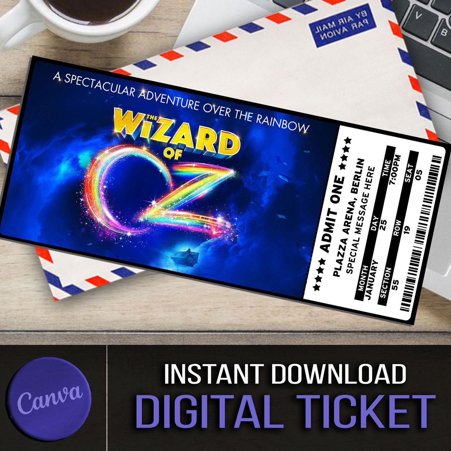 INSTANTLY EDIT Wizard of OZ Ticket Stub Template, Broadway Show Tickets ...