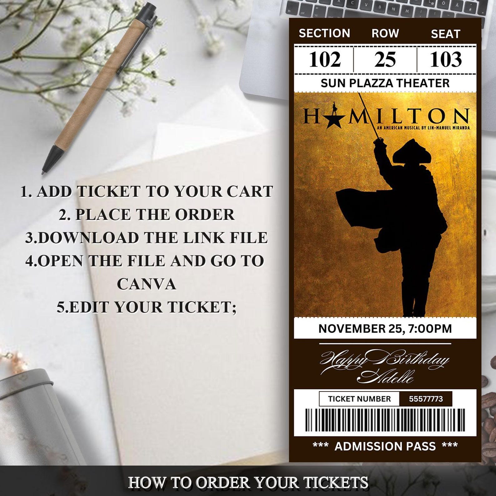 Printable Hamilton Broadway Surprise Ticket, Hamilton the Musical ...
