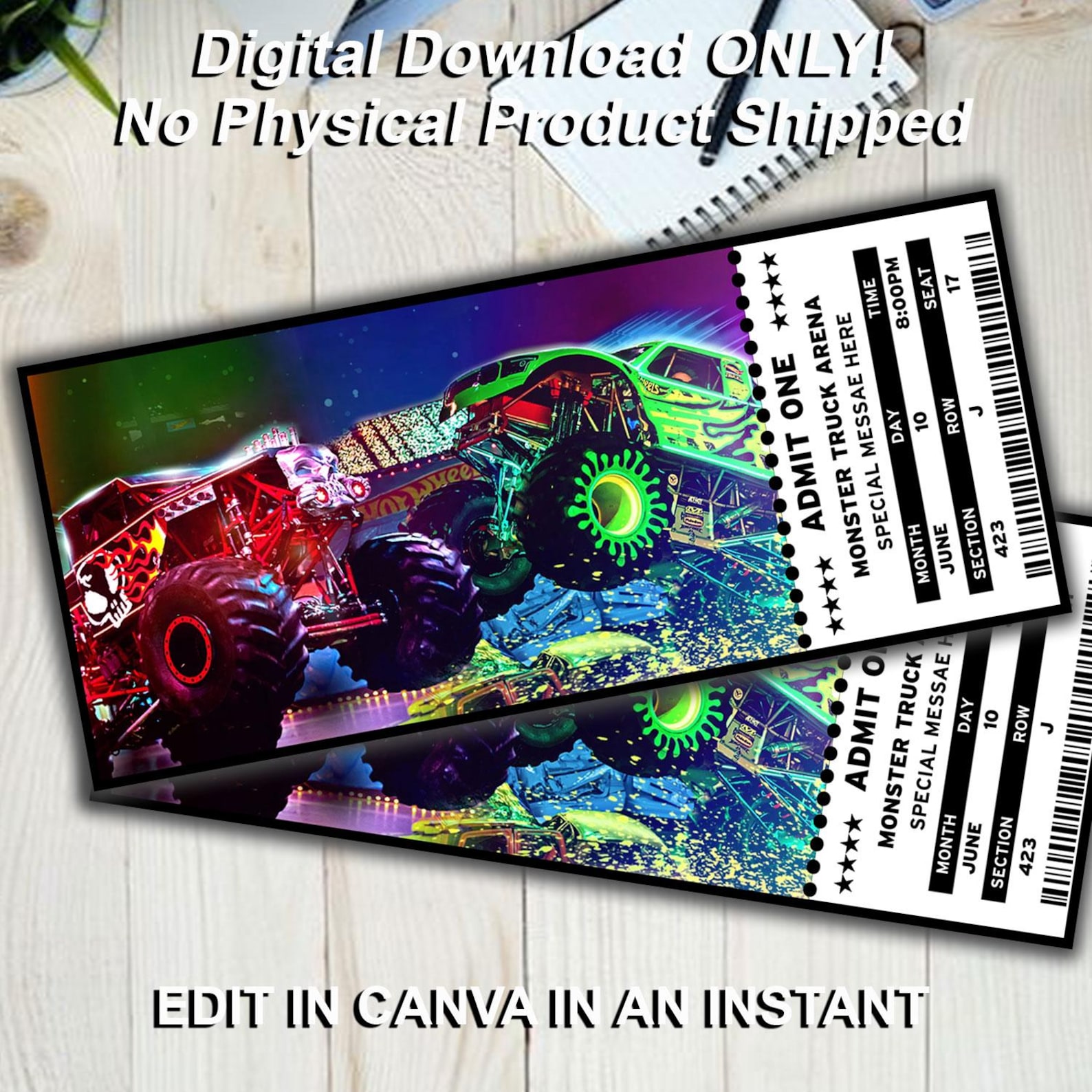 Monster Truck Game Ticket, Christmas Monster Truck Ticket, Printable ...