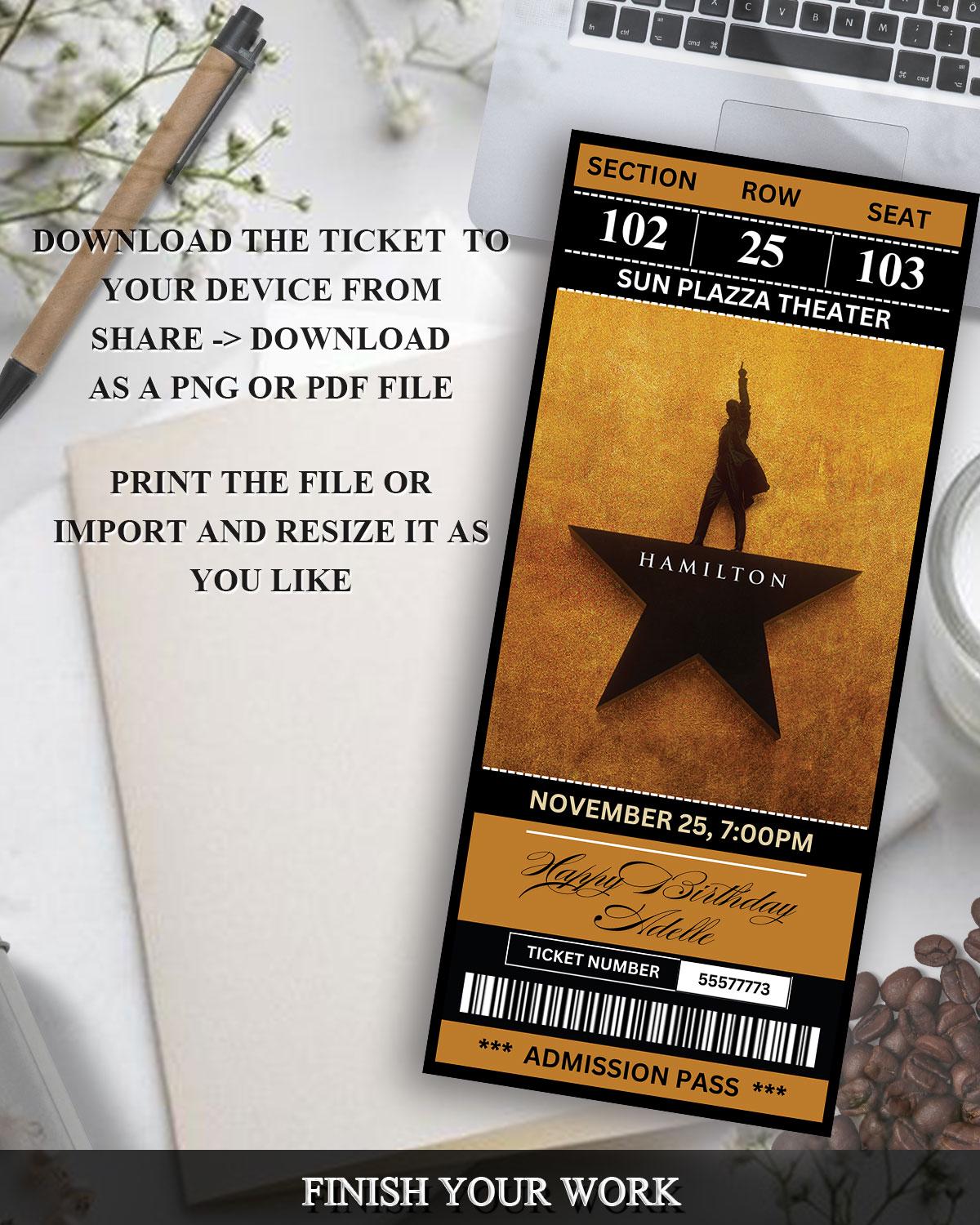 Printable Hamilton Broadway Surprise Ticket, Hamilton the Musical ...