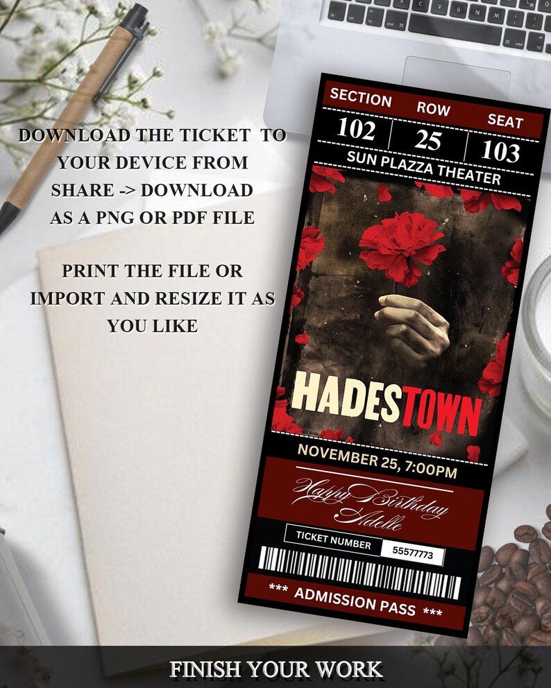 Printable HADESTOWN Broadway Surprise Ticket. Editable Musical Theatre ...