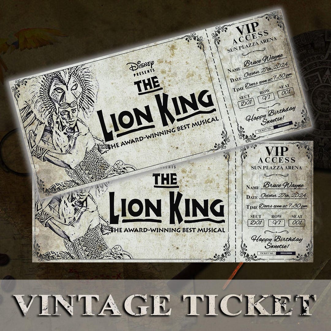 Vintage Printable Lion King Ticket, Editable Lion King Tickets, Musical ...