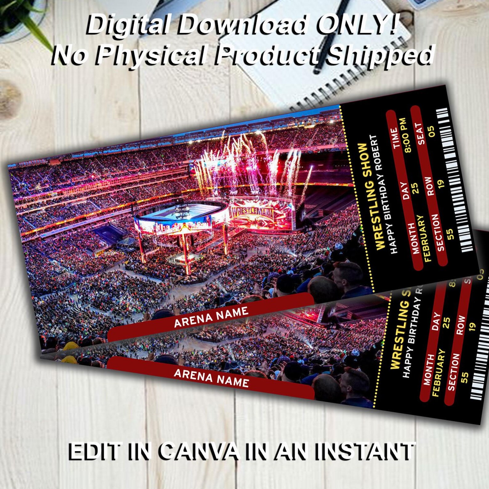 INSTANTLY EDITABLE WRESTLING Ticket Stub Template, Professional ...