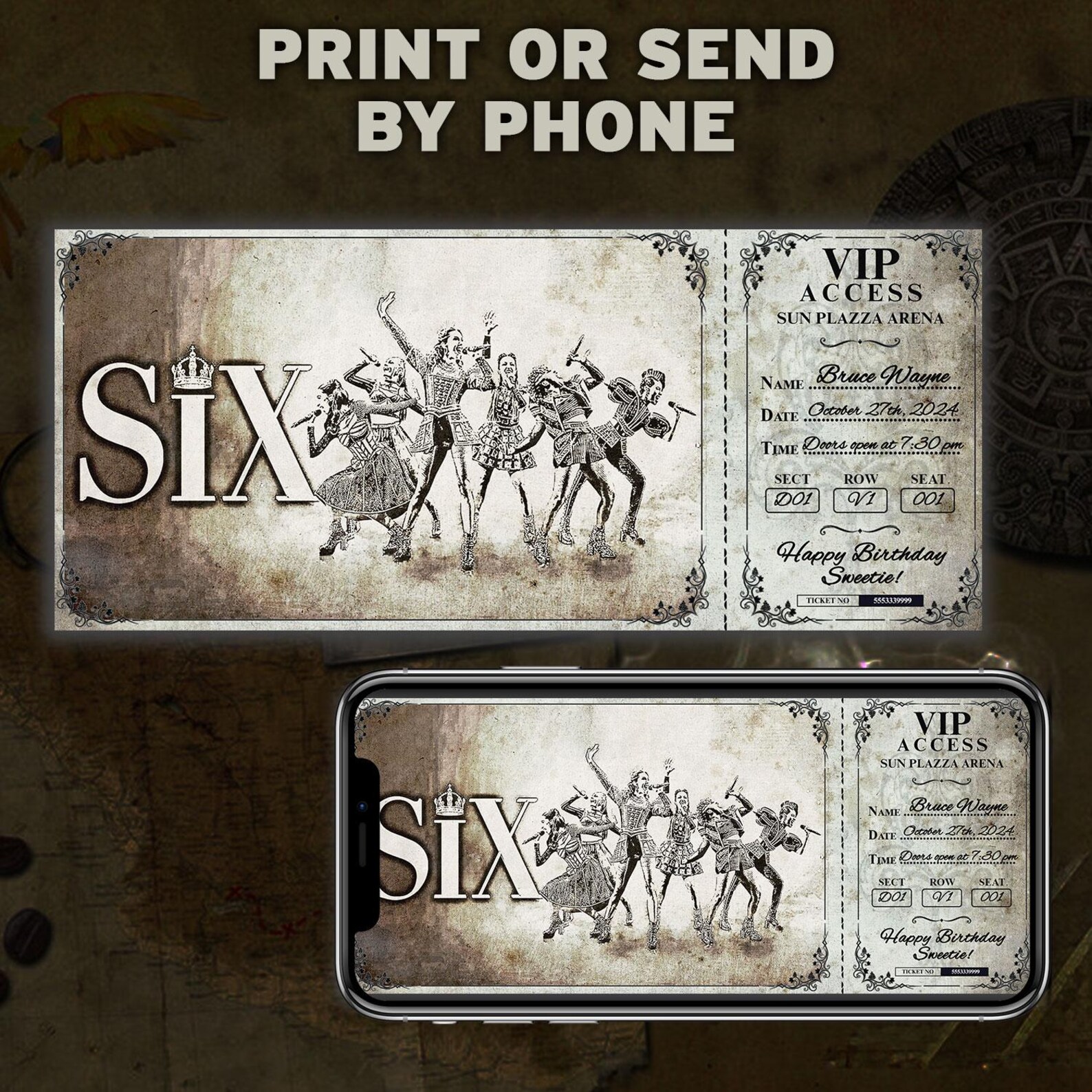 Vintage Printable SIX Ticket, Editable Six Tickets, Musical Fake ...