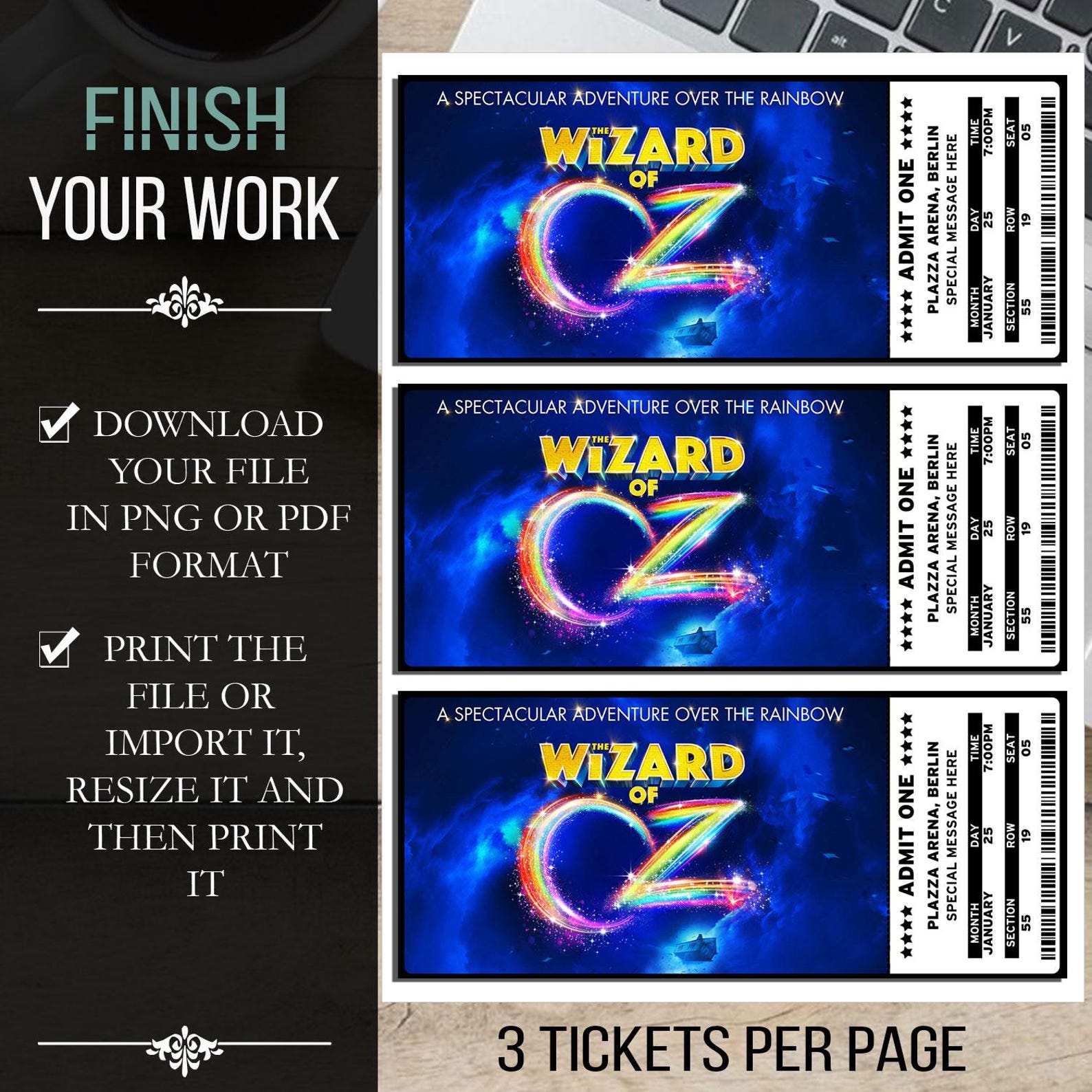 INSTANTLY EDIT Wizard of OZ Ticket Stub Template, Broadway Show Tickets ...