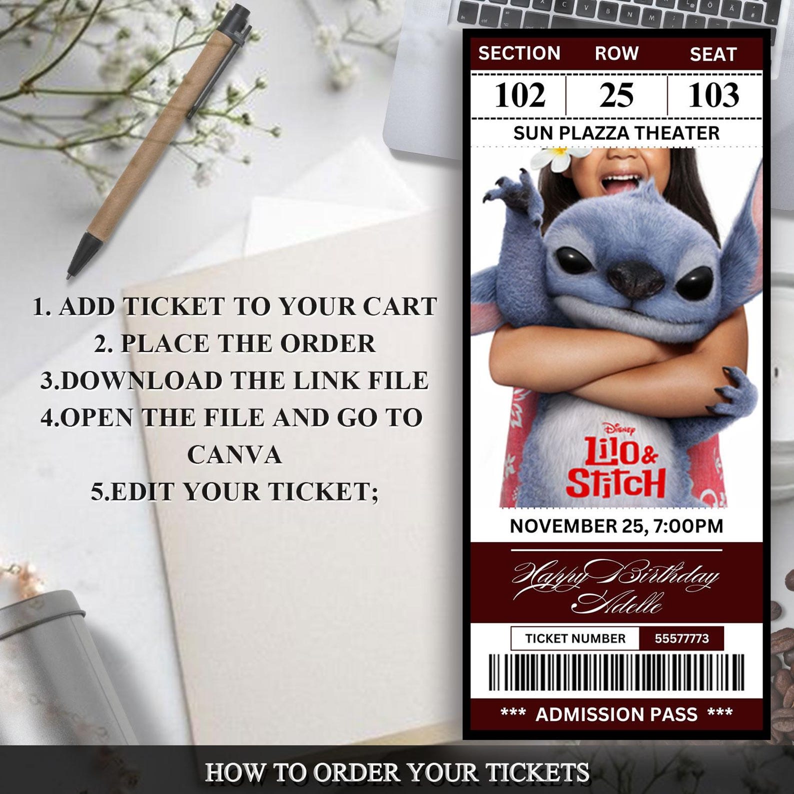 Custom Printable Editable Stitch Ticket, Lilo and Stitch Birthday ...