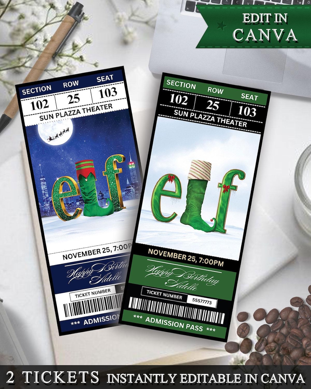Editable ELF the Musical Ticket Template, ELF Printable Broadway ...