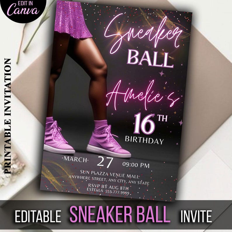 Editable Sneakerball Birthday Invitation for Girls, Purple Sneaker Gala ...