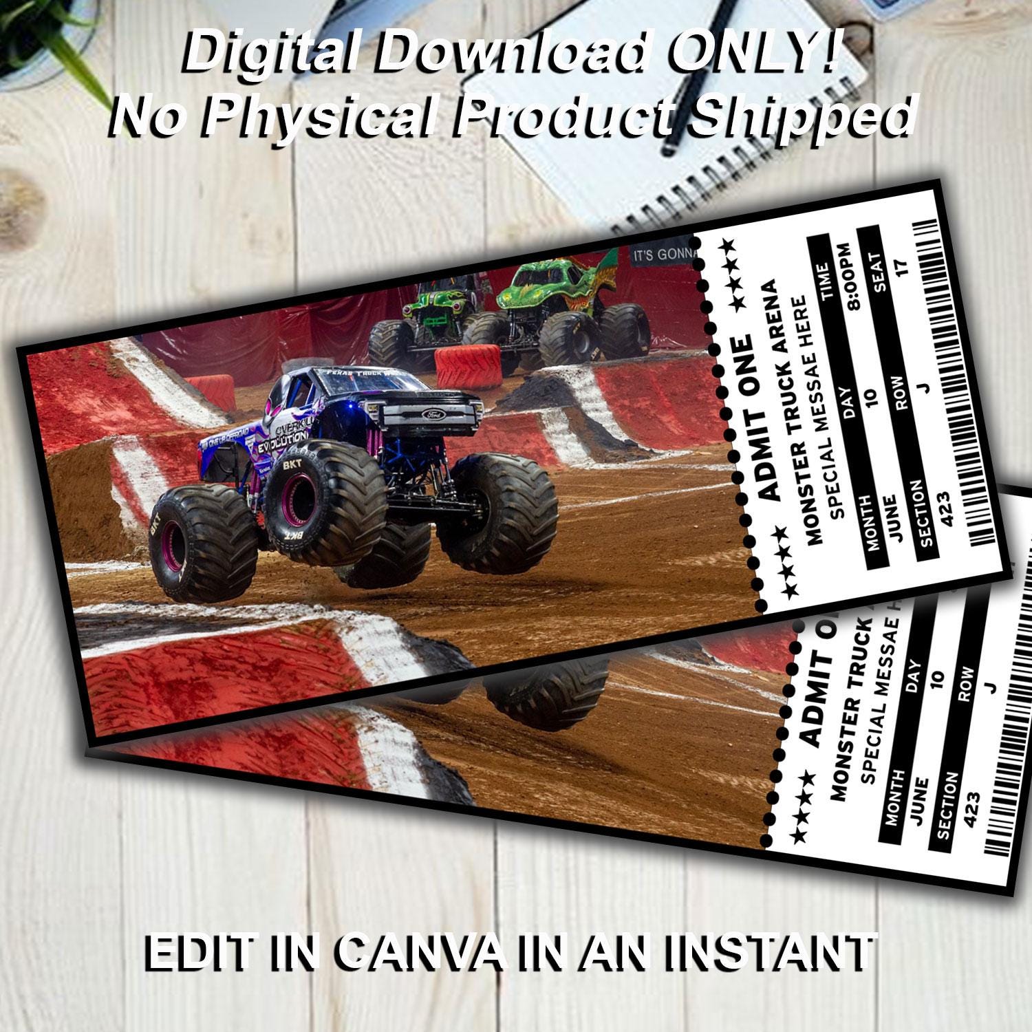 Printable Monster Truck Surprise Ticket, Monster Truck Collectible ...