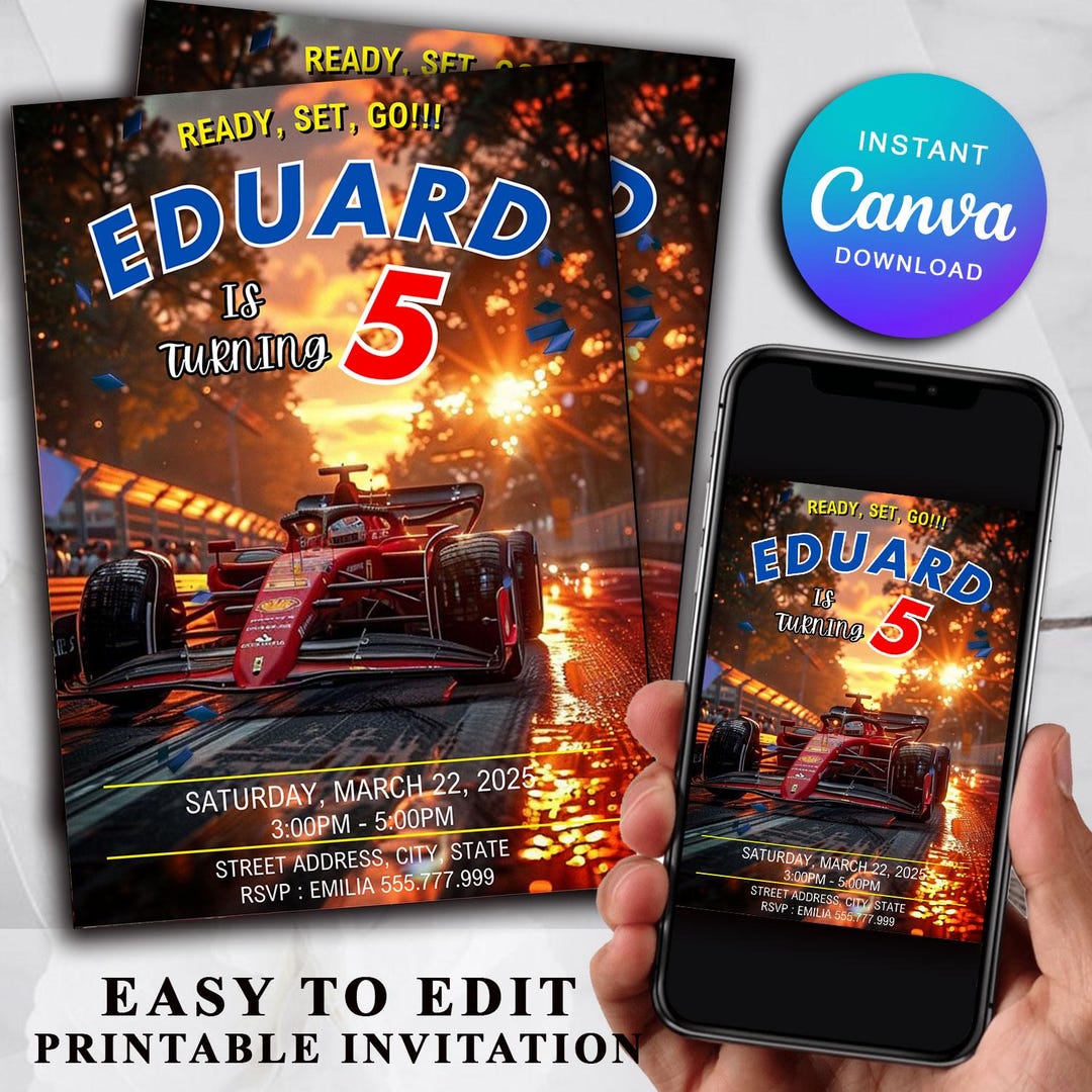 Printable Digital Formula 1 Party Invitation, Birthday Invite, Cars ...