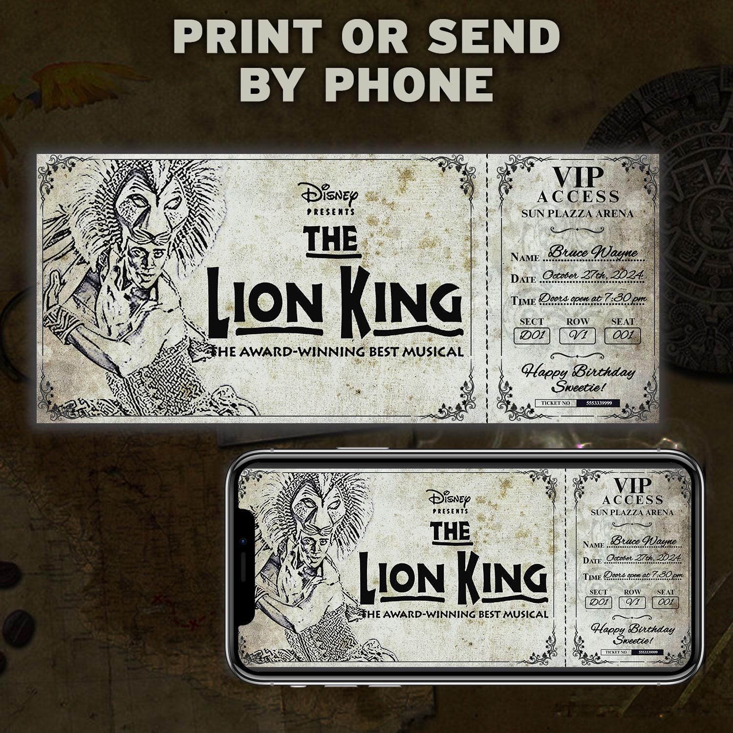 Vintage Printable Lion King Ticket, Editable Lion King Tickets, Musical ...