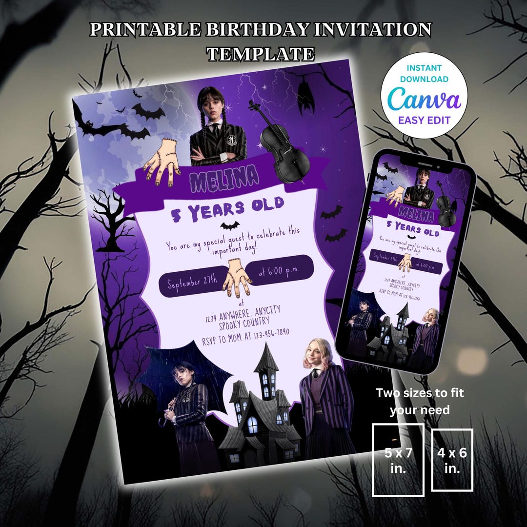 Wednesday Birthday Invitation Card | Printable Dark Gothic Spooky Party ...