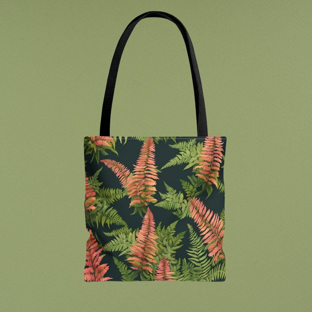 Cottagecore Fern Bag, Colored Ferns, Black Tote Bag With Fern Leaf ...