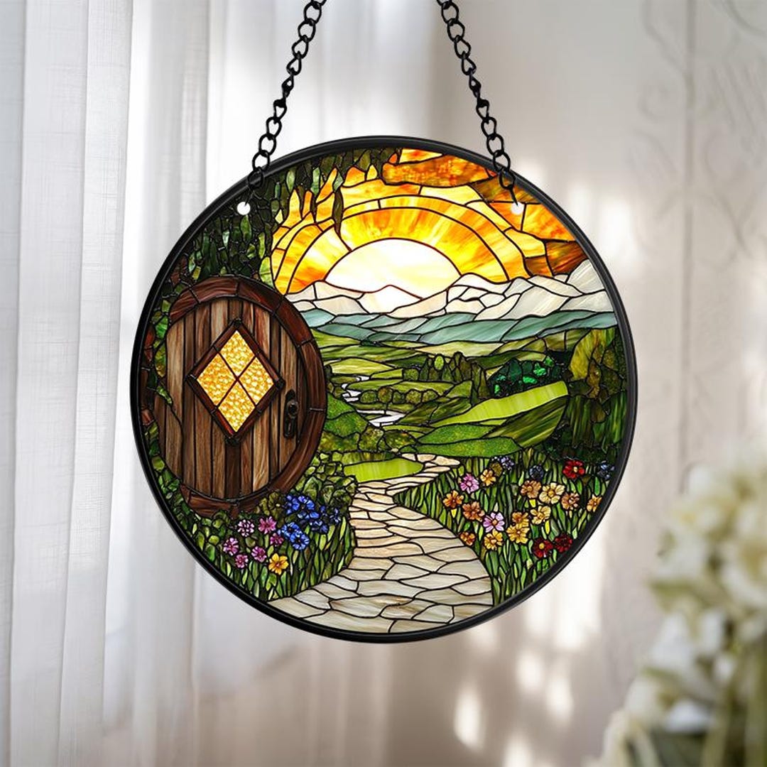 Round Hobbit Door Suncatcher, Acrylic & Faux Stained Glass Window Art ...