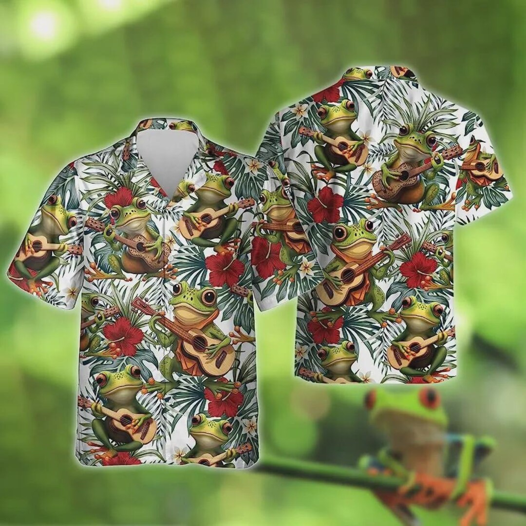 Cute Frog Playing Ukulele Tropical Pattern Hawaiian Shirt, Frog Loves ...