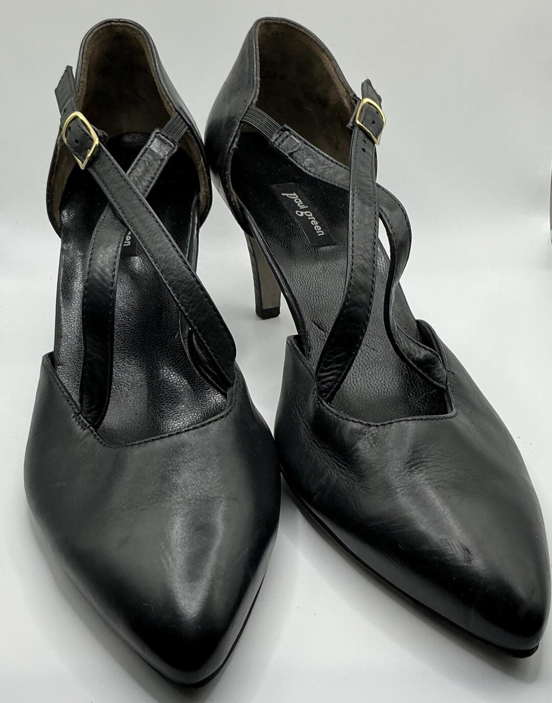 HTF Paul Green Leather Black Strappy Women’s Closed Toe Heels Shoes UK ...