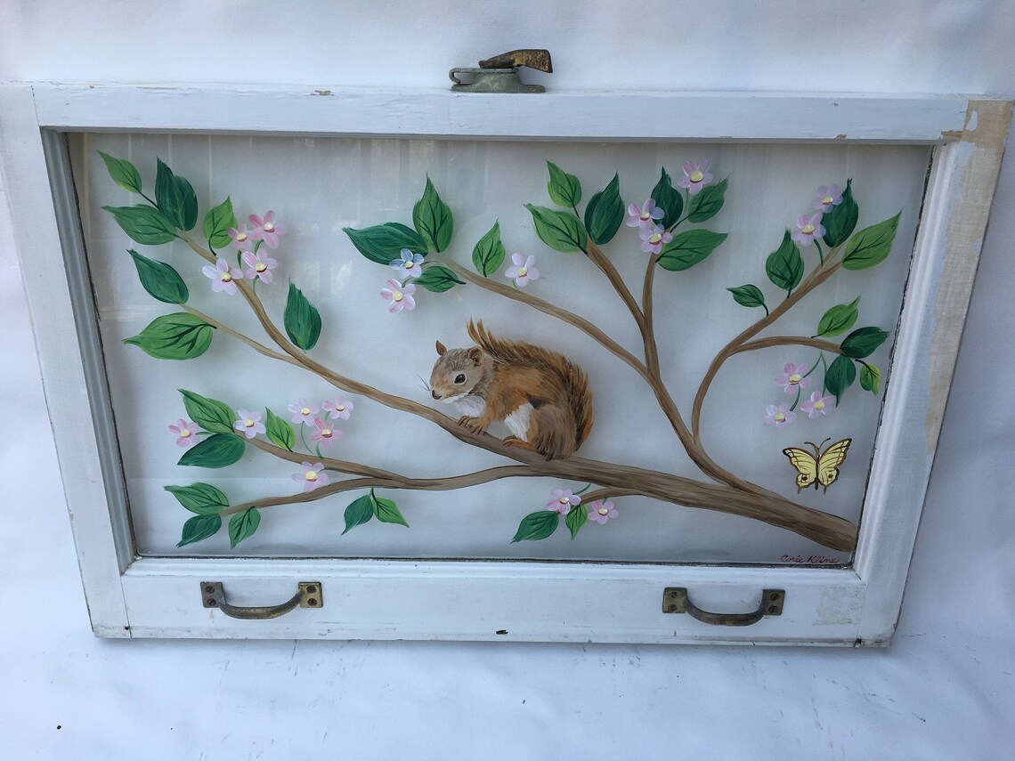 Painted Squirrel Window Old Window Art Squirrel Window Art | Etsy