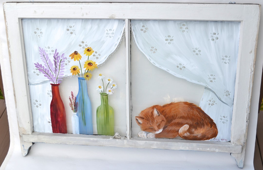 Painted Cat Window, Old Painted Window, Sleeping Cat in a Window ...