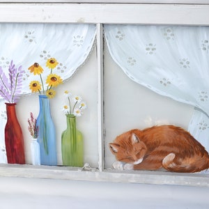 Painted Cat Window, Old Painted Window, Sleeping Cat in a Window ...