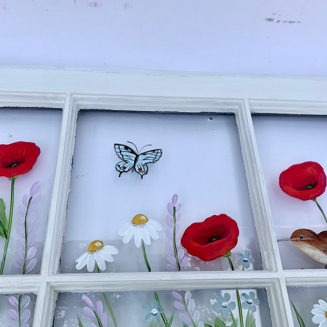 Painted Bunny Window With Red Poppies, Bunny Window Art, Garden Art ...