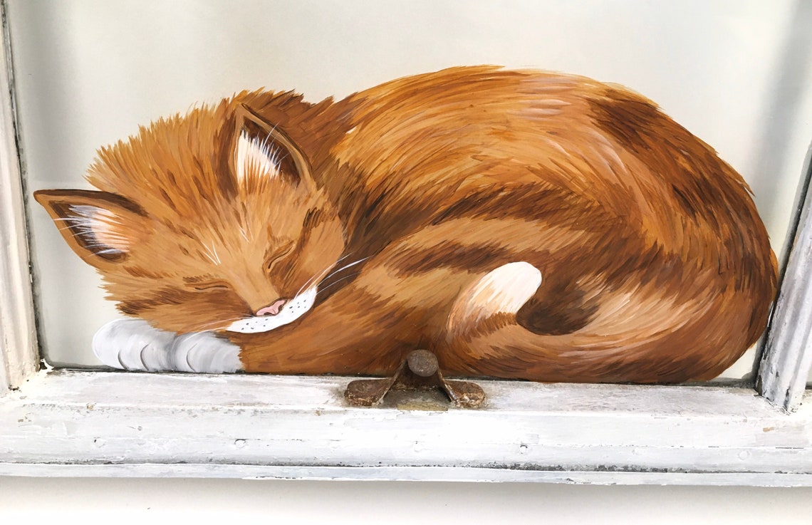 Painted Cat Window Old Painted Window Sleeping Cat in a | Etsy