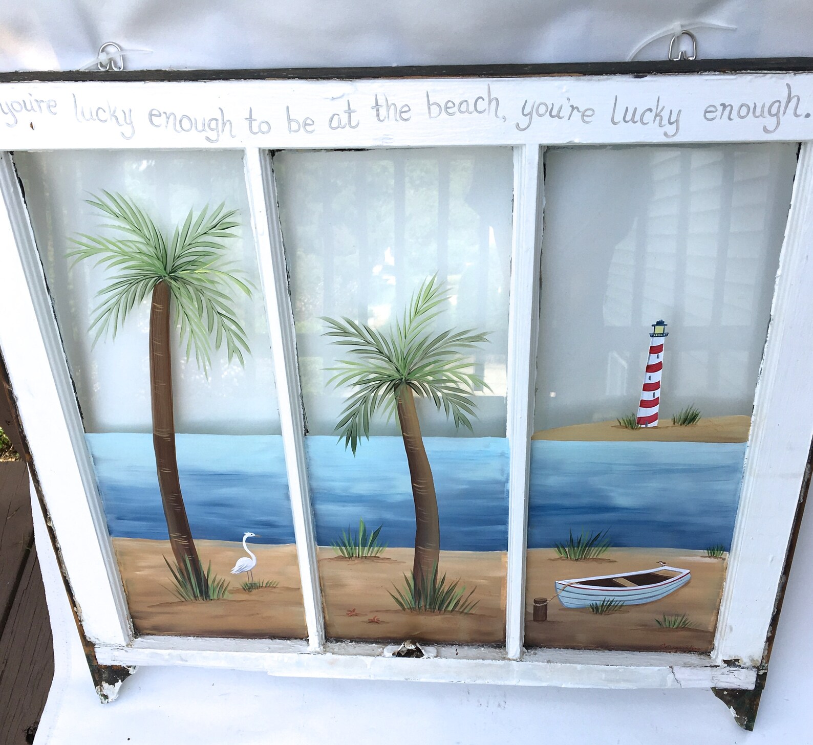 Painted Beach Window, Beach Scene Window, Old Window Art, Ocean View ...