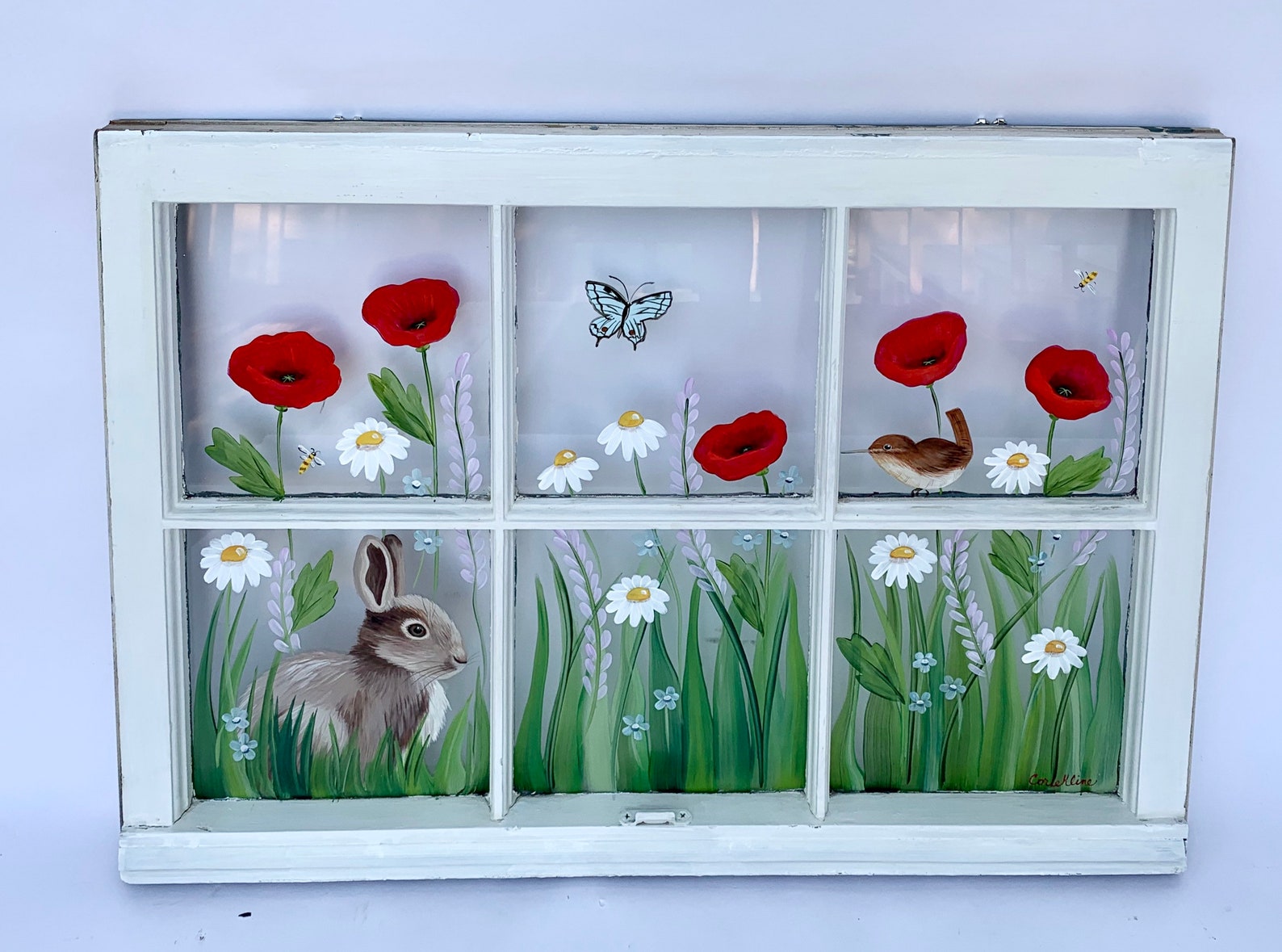 Painted Bunny Window With Red Poppies, Bunny Window Art, Garden Art ...