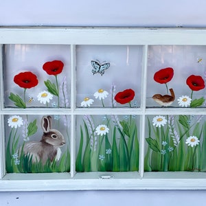 Painted Bunny Window With Red Poppies, Bunny Window Art, Garden Art ...