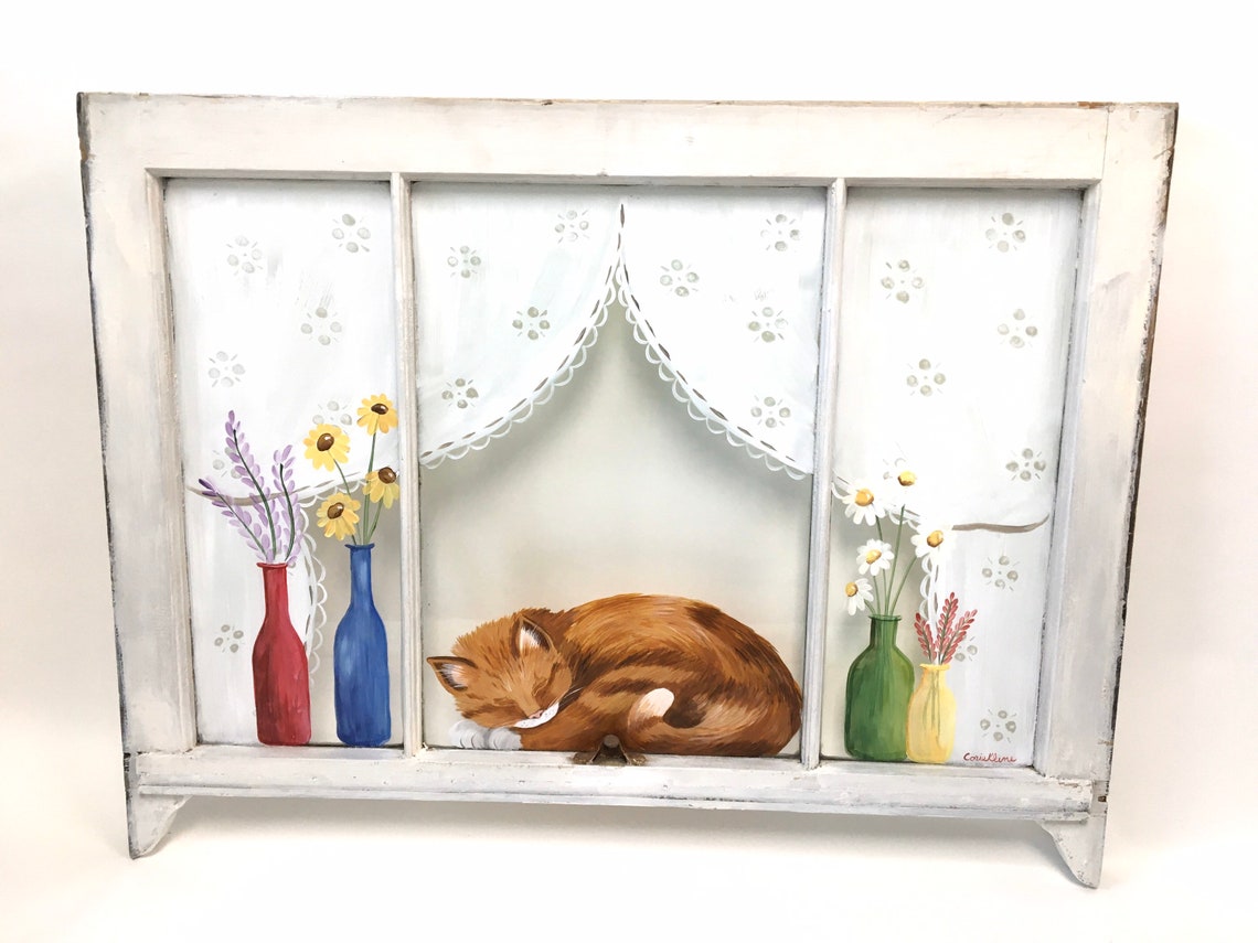Painted Cat Window, Old Painted Window, Sleeping Cat in a Window ...