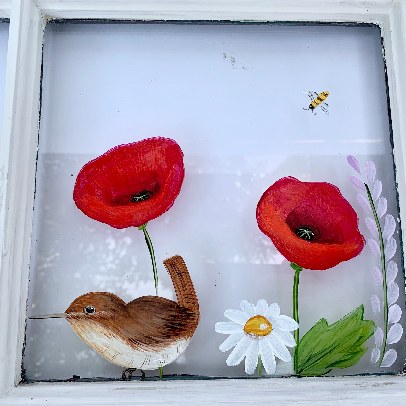 Painted Bunny Window With Red Poppies, Bunny Window Art, Garden Art ...
