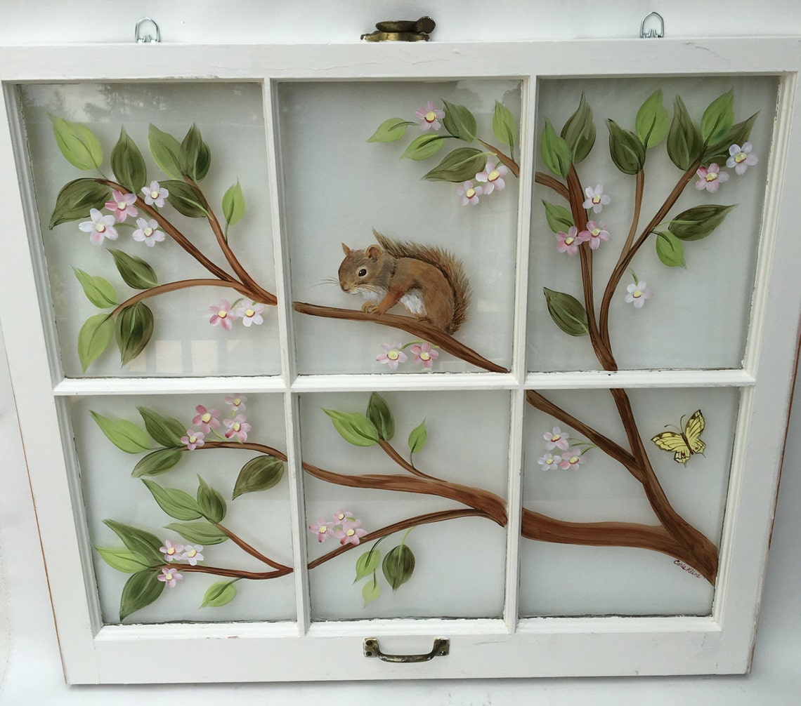 Painted Squirrel Window Old Window Art Squirrel Window Art - Etsy